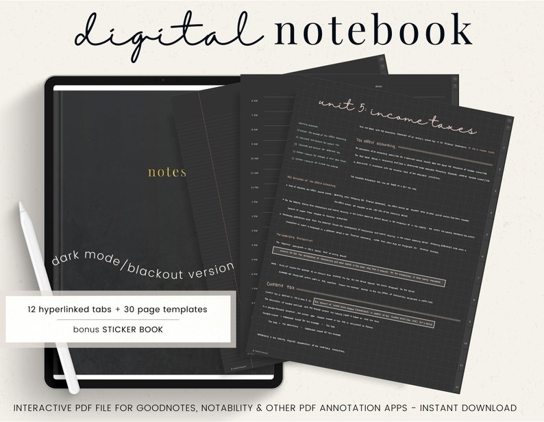 Dark Mode Digital Notebook - 12 Hyperlinked Tabs for Goodnotes ...