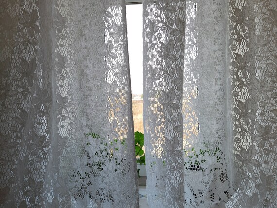 2 Pieces Vintage Sheer White Floral Cotton Net Curtains for | Etsy