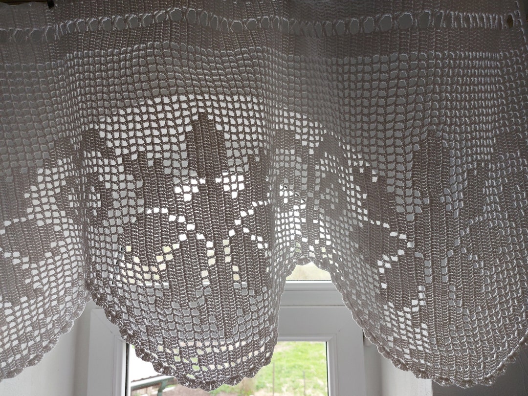 Vintage Handmade Crochet Valance Curtain , Vintage Crochet Cafe Curtain ...
