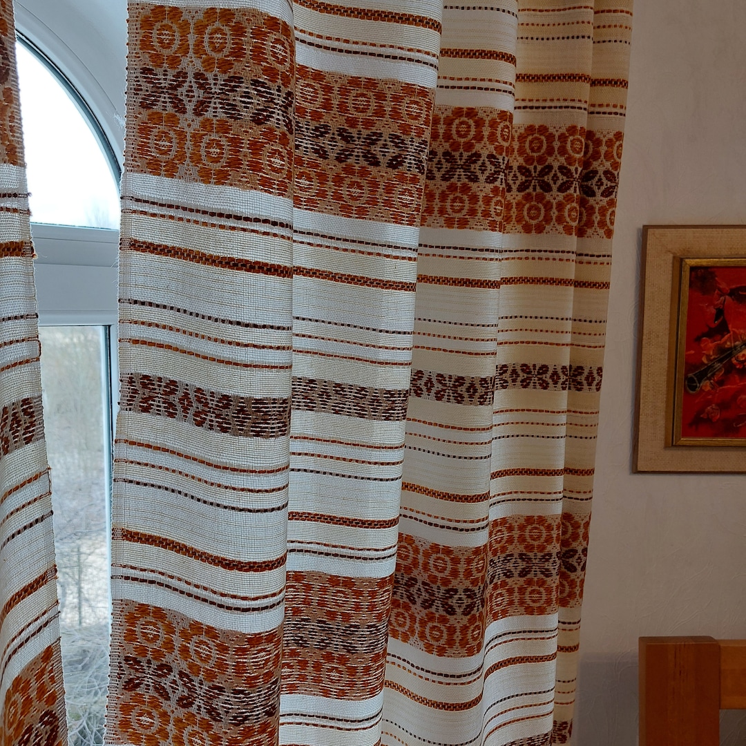 Pair of Vintage Woven Acrylic Curtains, Vintage Curtain Panels, Retro ...