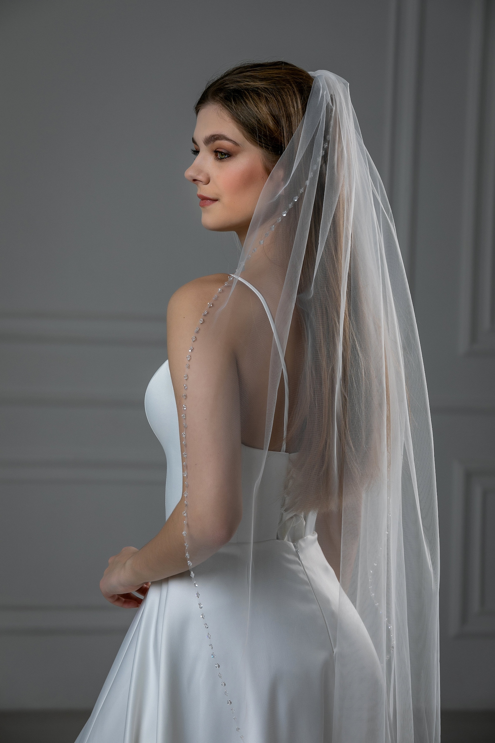 Beaded Edge Veil, Beaded Veil for Bride, Wedding Beaded Veil, Fingertip ...