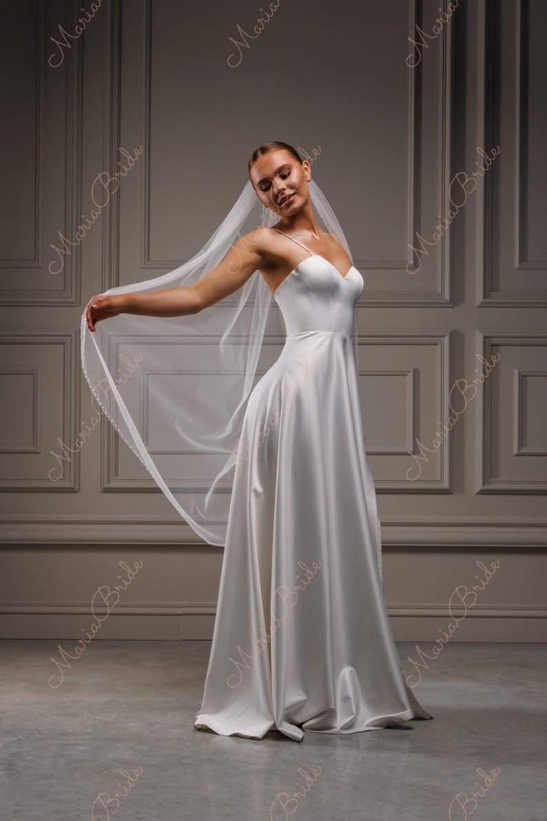 Pearl Edge Wedding Veil One Tier, Custom Length Bridal Ivory Soft Tulle ...