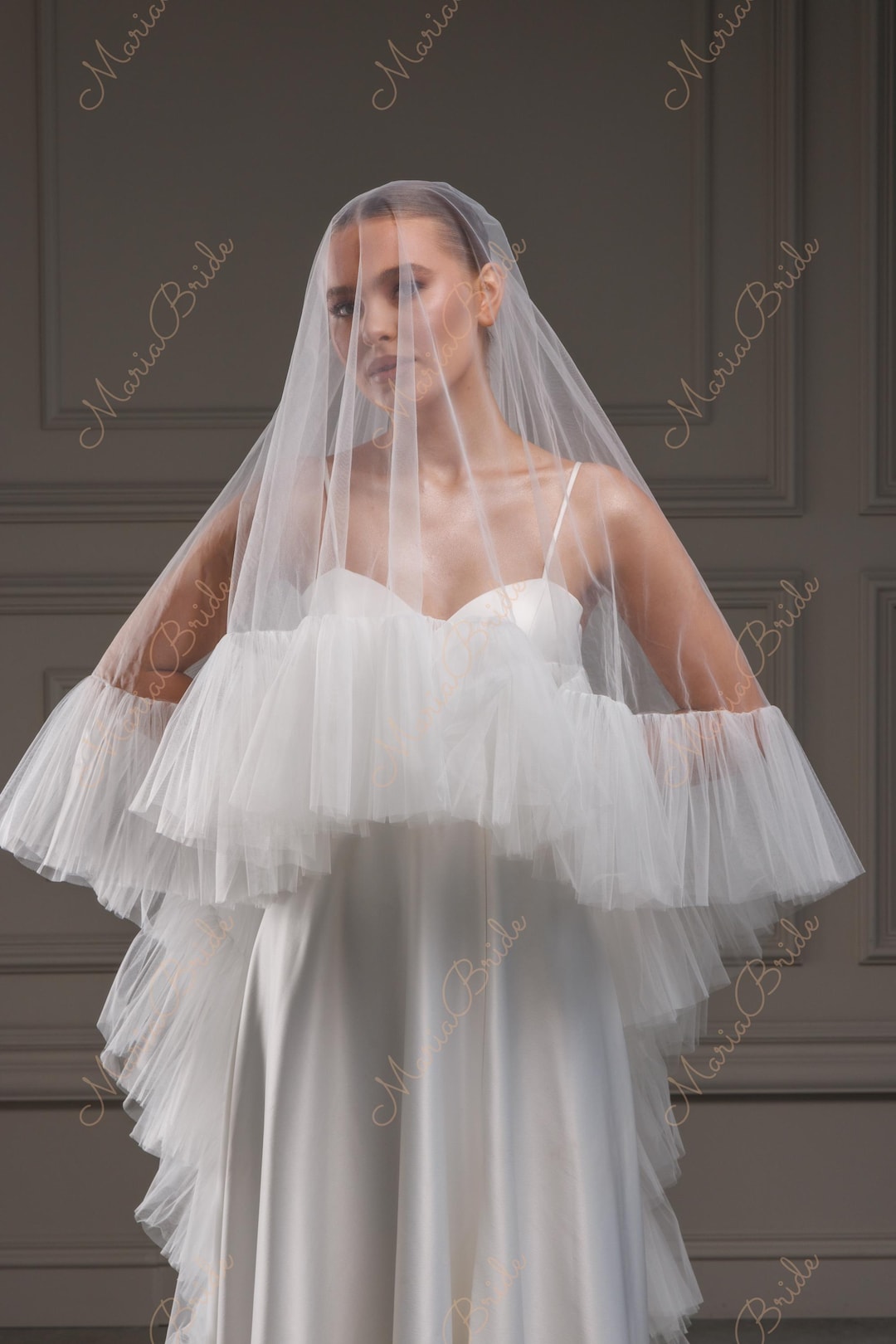 Bohemian Ruffled Wedding Veil: Light Ivory Tulle, Two-layer Bridal Veil ...