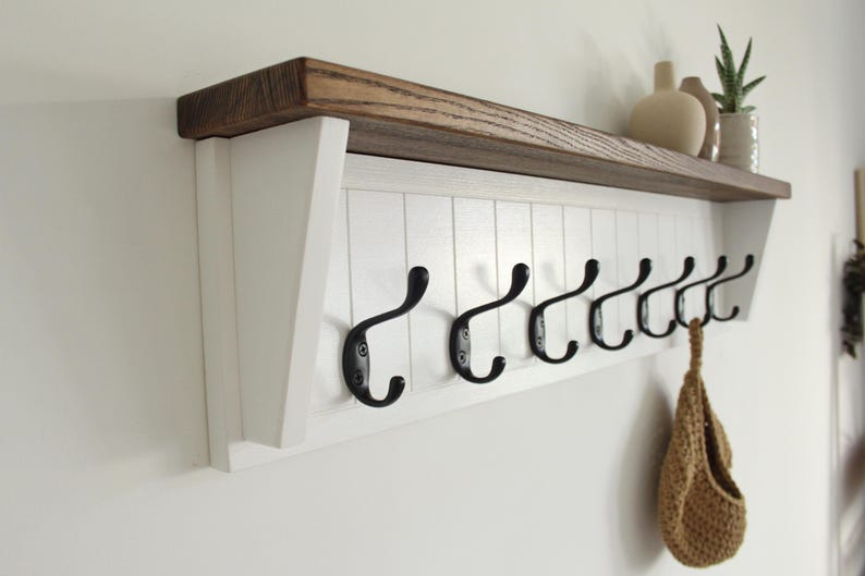 White Wall Coat Rack With Ash Wood Shelf, Entryway Organizer - Etsy