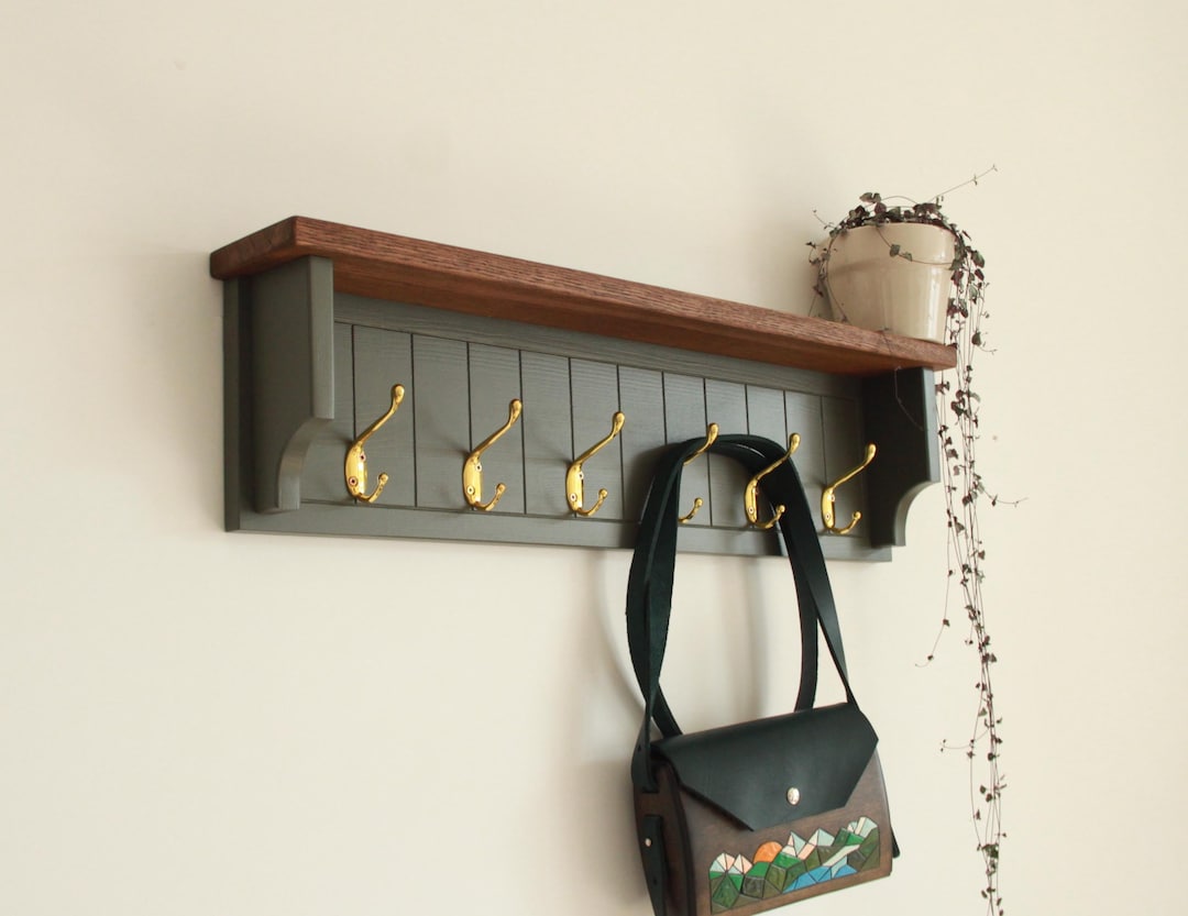 Olive Green Coat Rack With Oak Shelf: Rustic Farmhouse Entryway ...