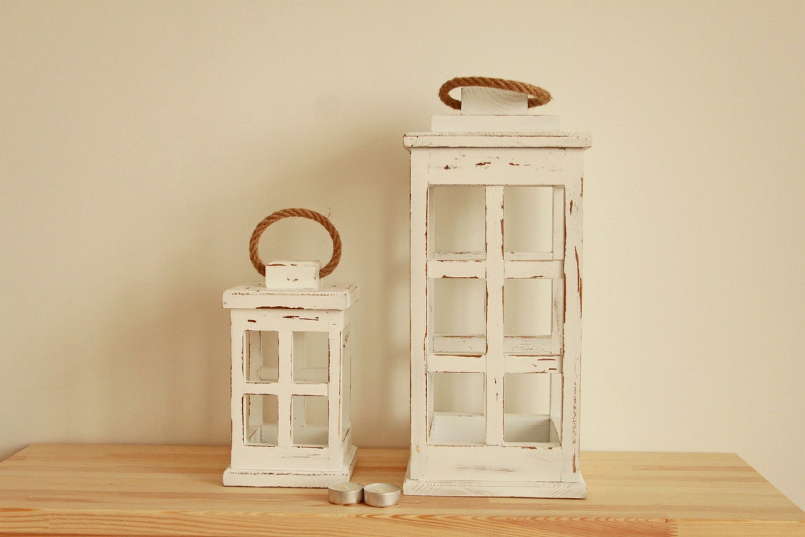 White rustic wood lantern Vintage lantern centerpiece | Etsy