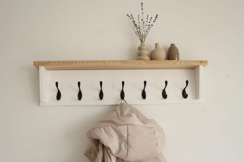 White Wall Coat Rack With Ash Wood Shelf, Entryway Organizer - Etsy
