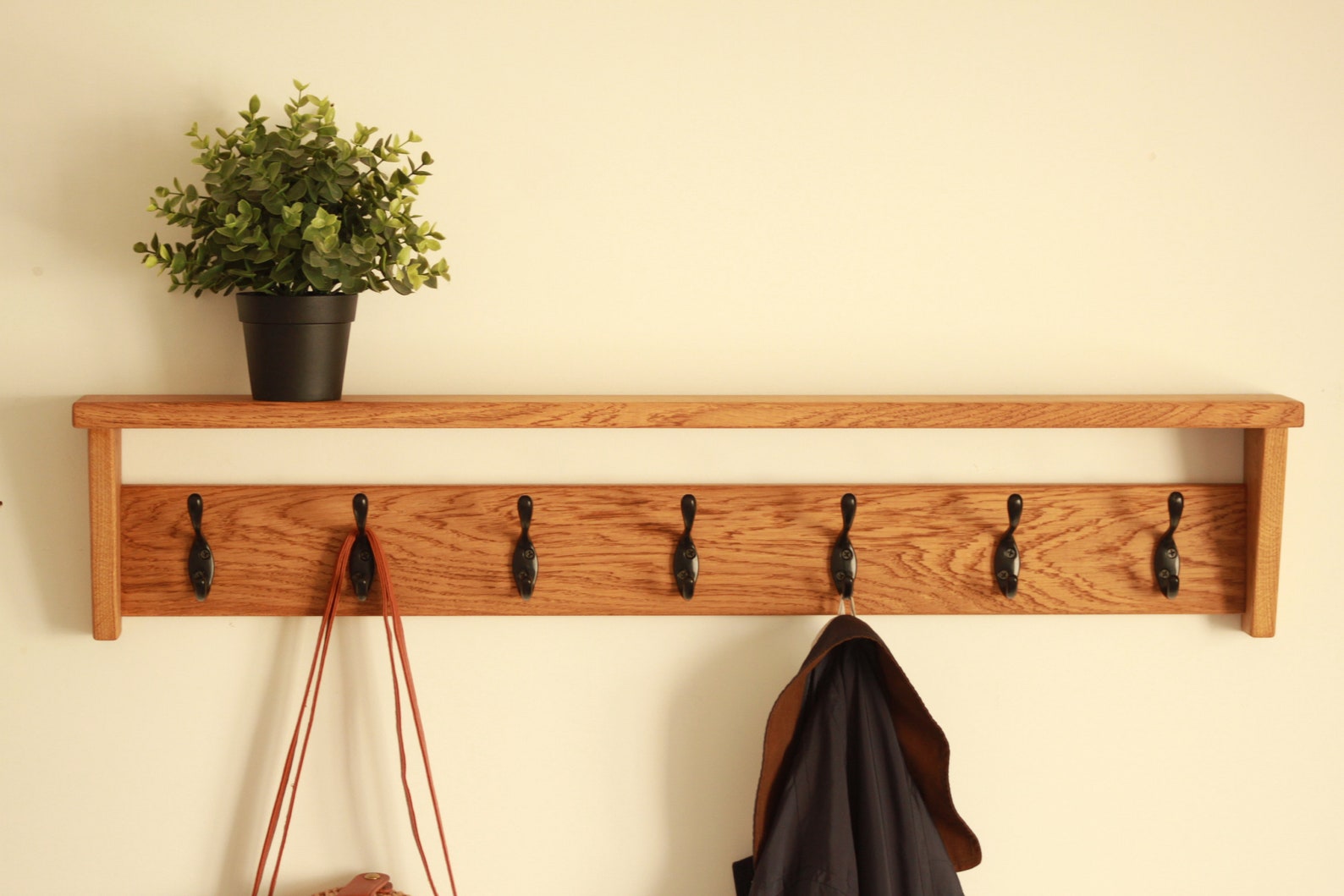 Solid Wood Oak Coat Hooks, Wall Coat Rack With Shelf Entryway, Hallway ...