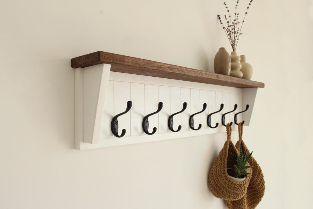 White Wall Coat Rack With Ash Wood Shelf, Entryway Organizer - Etsy
