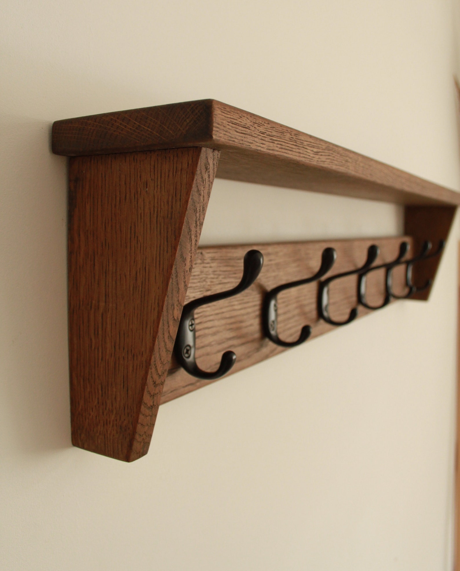 Solid Wood Oak Coat Hooks, Wall Coat Rack With Shelf Entryway, Hallway ...