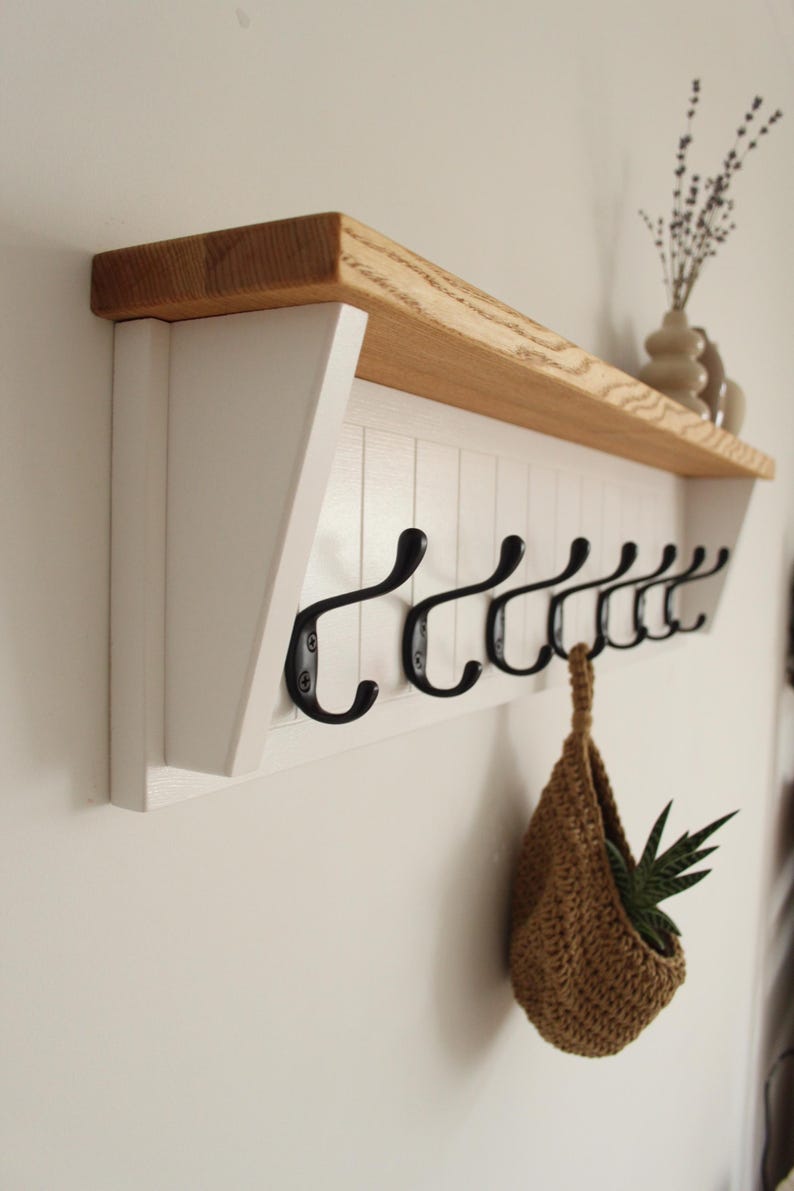 White Wall Coat Rack With Ash Wood Shelf, Entryway Organizer - Etsy