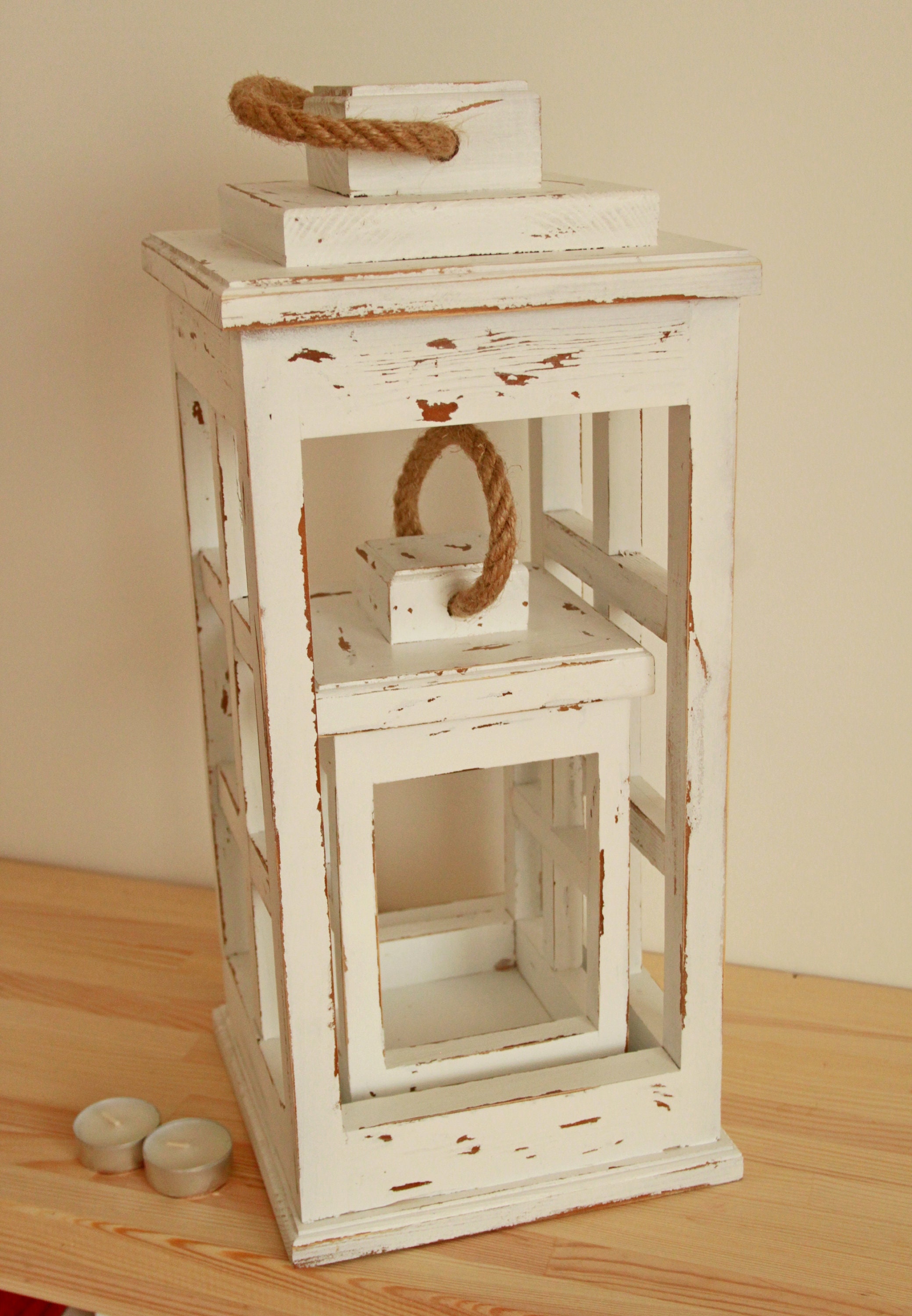 White rustic wood lantern Vintage lantern centerpiece | Etsy