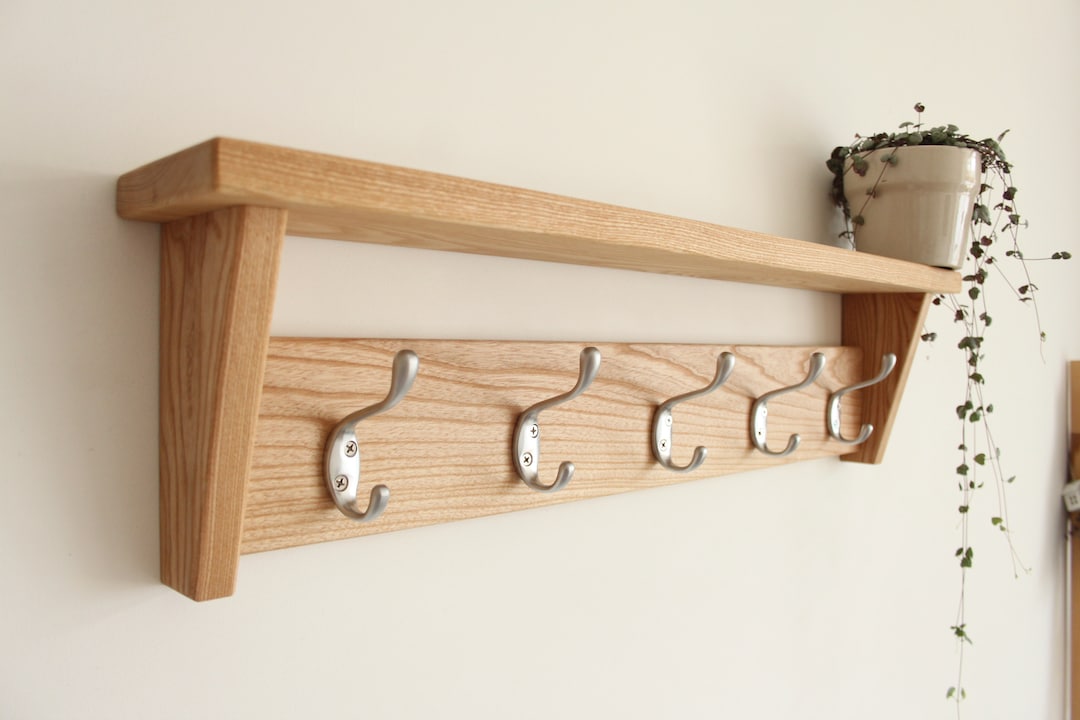 Wall Coat Rack With Shelf, Wall Mounted Coat Hooks Made From Natural ...