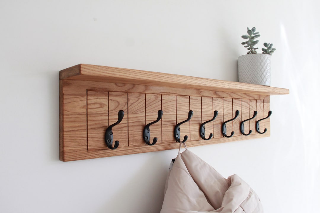 Wall-mounted Oak Organizer With Hooks, Wooden Coat Hanger With Metal ...
