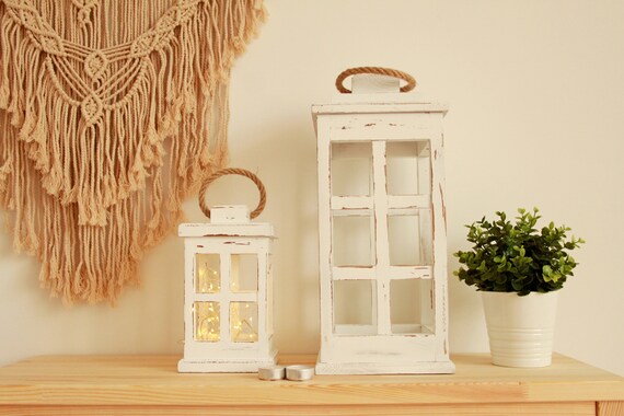 White rustic wood lantern Vintage lantern centerpiece | Etsy