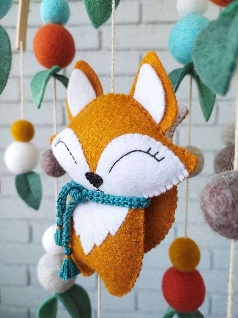 Forest baby mobile with fox felt balls and leaves Felt | Etsy