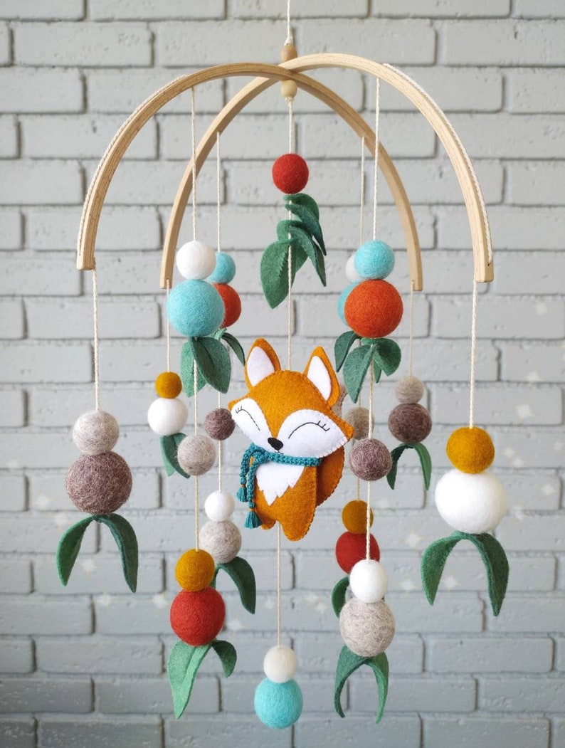 Forest baby mobile with fox felt balls and leaves Felt | Etsy