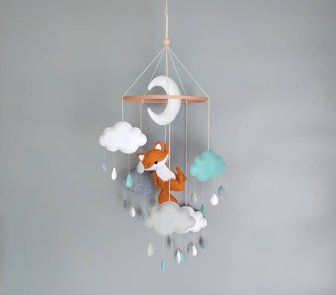 Fox Baby Mobile for Crib, Moon, Clouds & Raindrops Nursery Decor ...