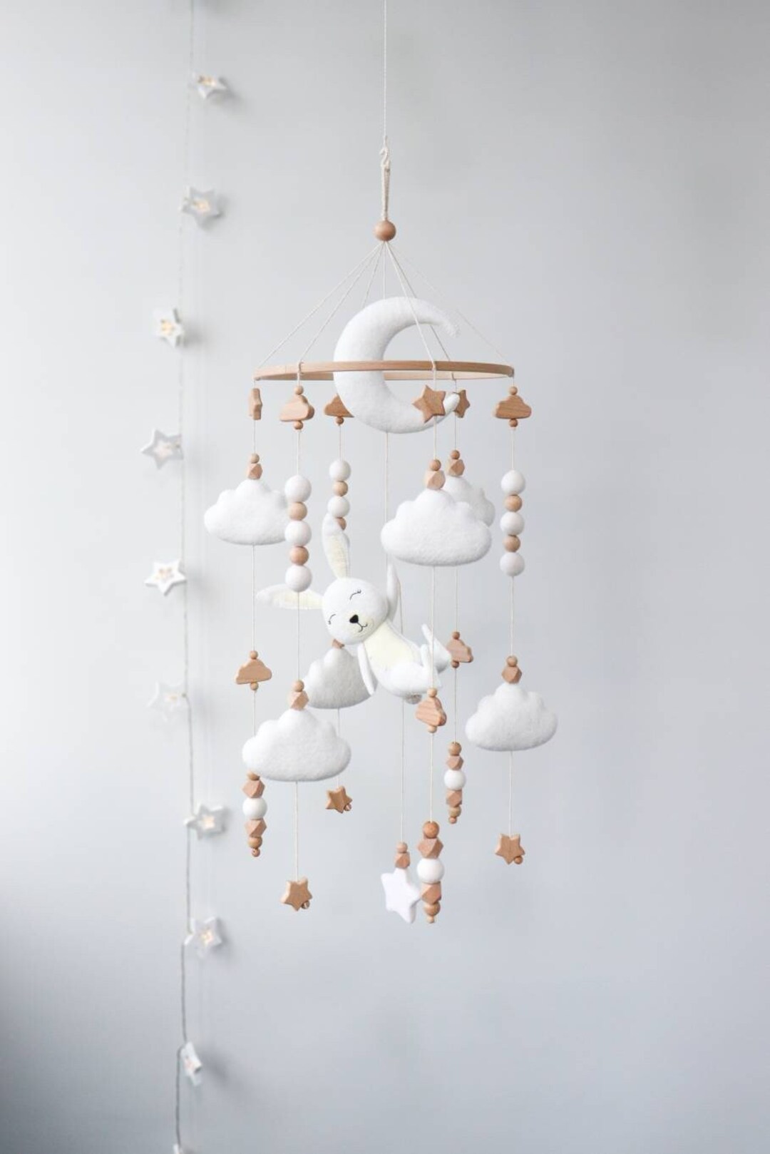 Felt Bunny Baby Mobile, Moon, Stars & Clouds Nursery Decor, Gender ...