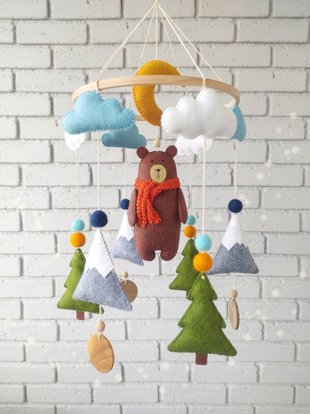 Bear Mobile, Woodland Mobile, Felt Mobile, Mountains Nursery Decor, Cot ...