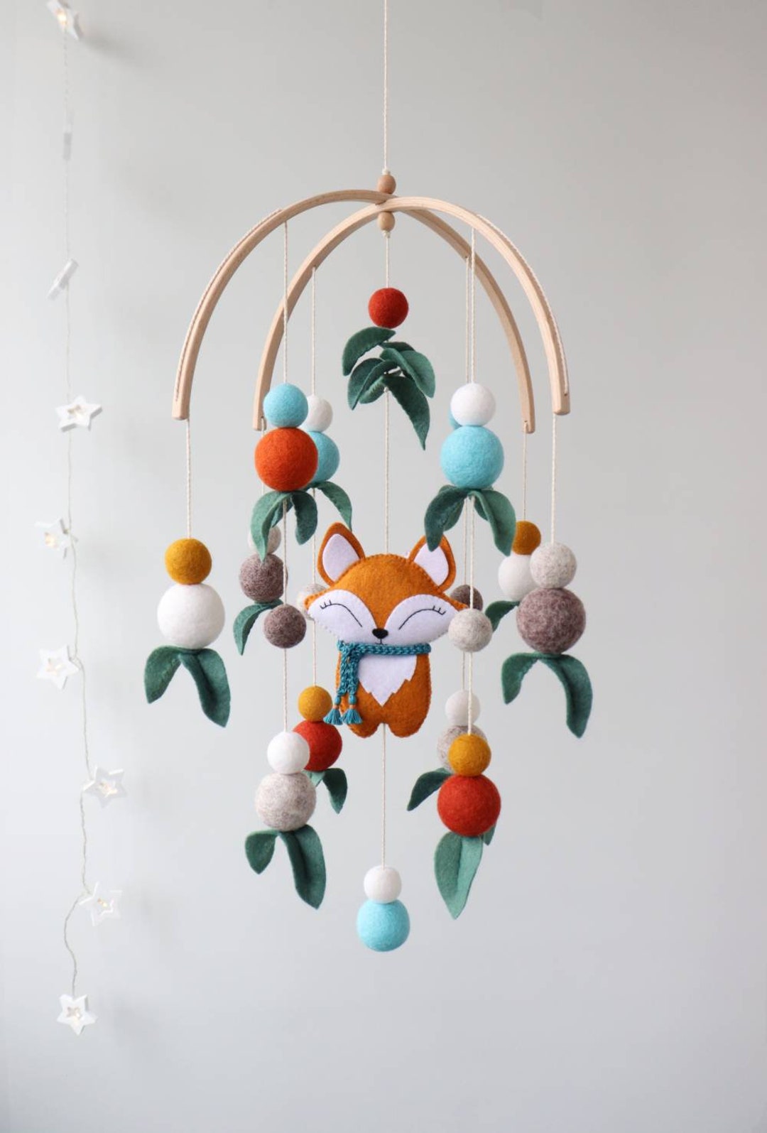 Forest Baby Mobile With Fox, Felt Balls and Leaves, Felt Mobile, Pom ...