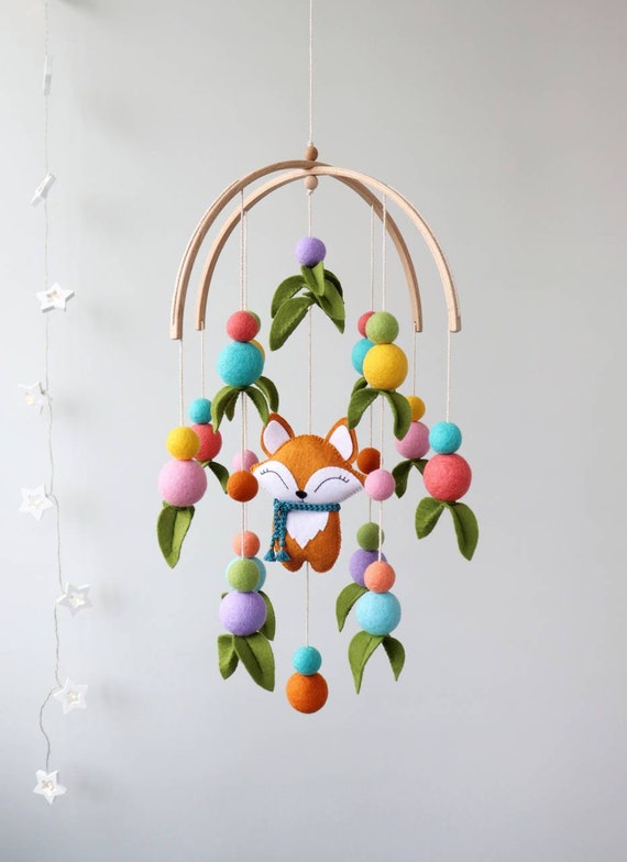 Forest Baby Mobile With Fox Felt Balls and Leaves Felt | Etsy