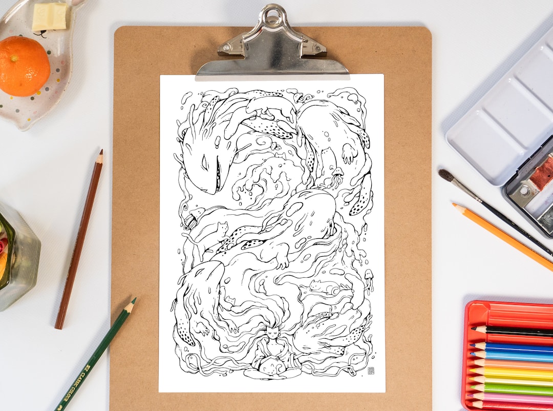 Dragons and Cats Printable Coloring Page for Adults (PNG, JPG) - Etsy