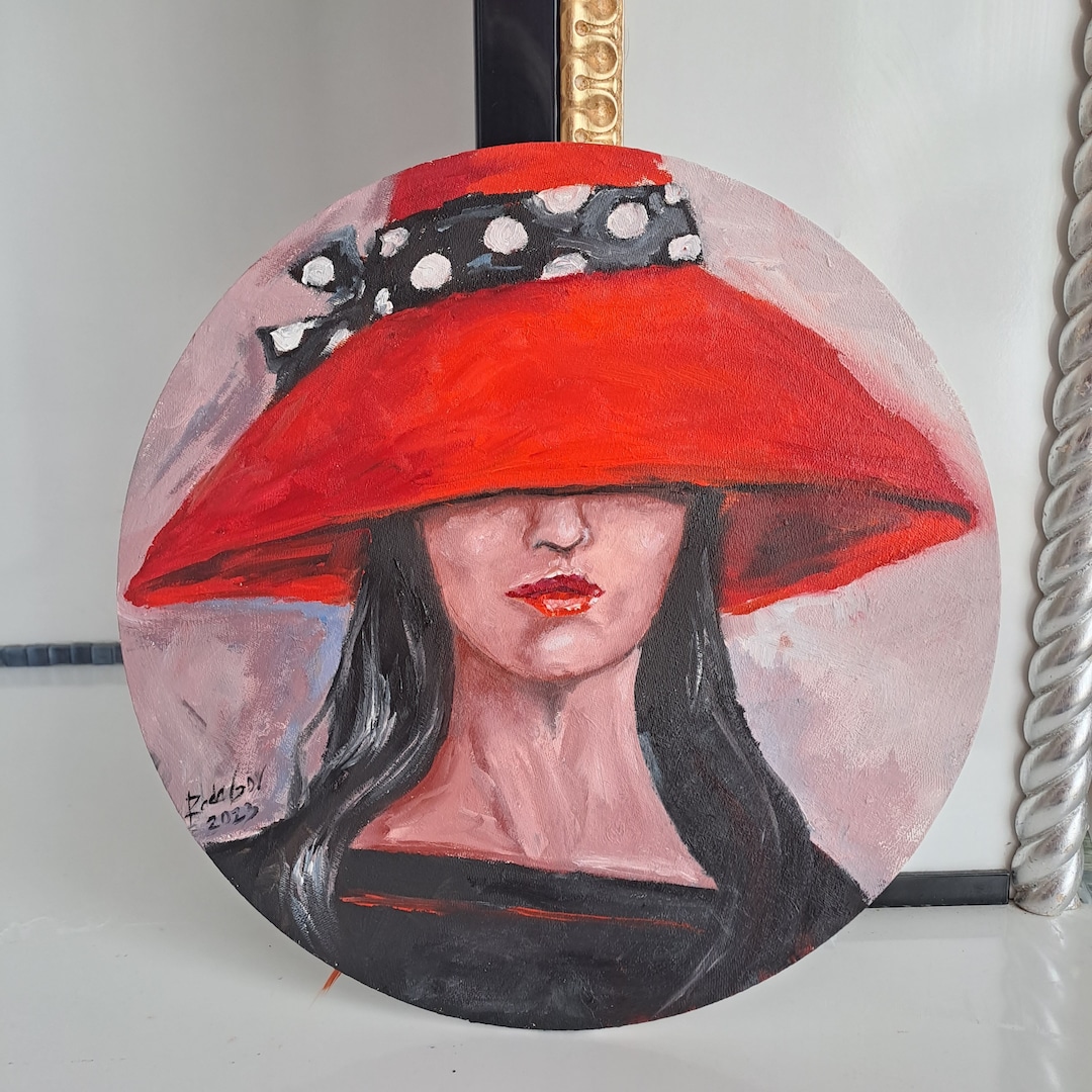 Original Oil Painting Woman in Red Hat Woman in Hat Stylish ...