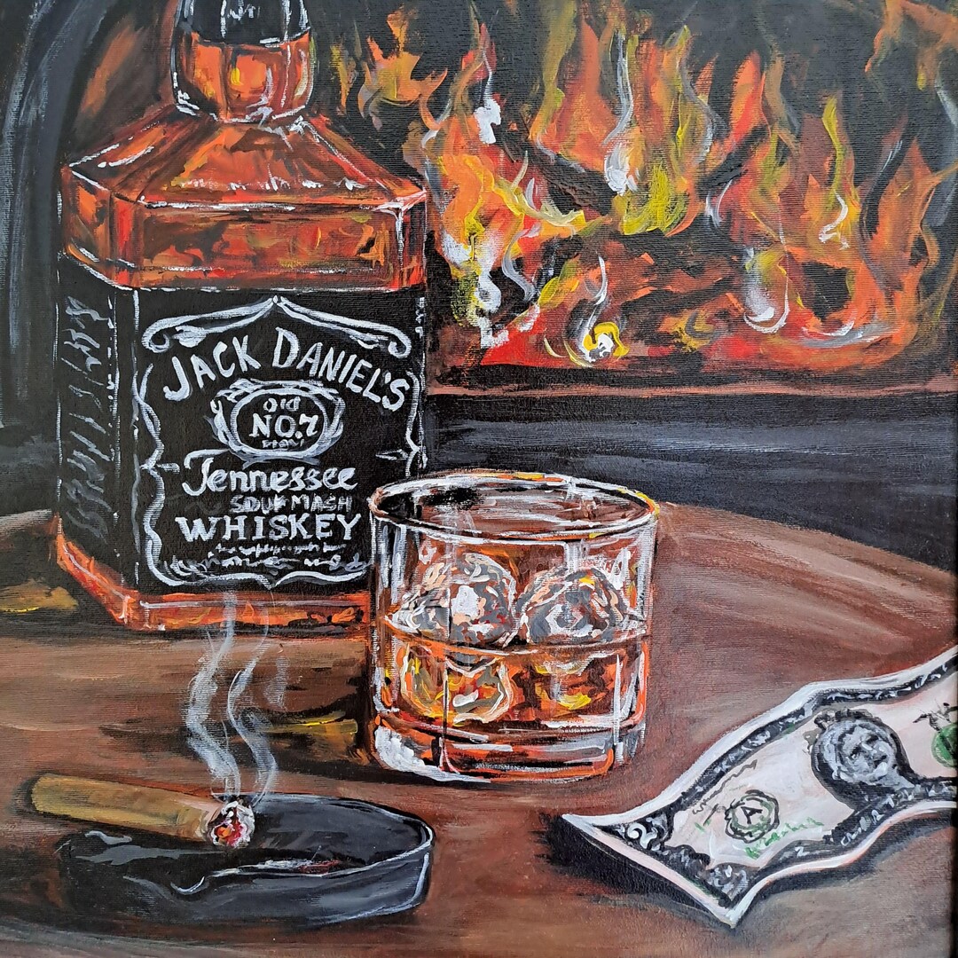 Whiskey Painting Original Art Still Life Cognac Glass Painting Cigar ...