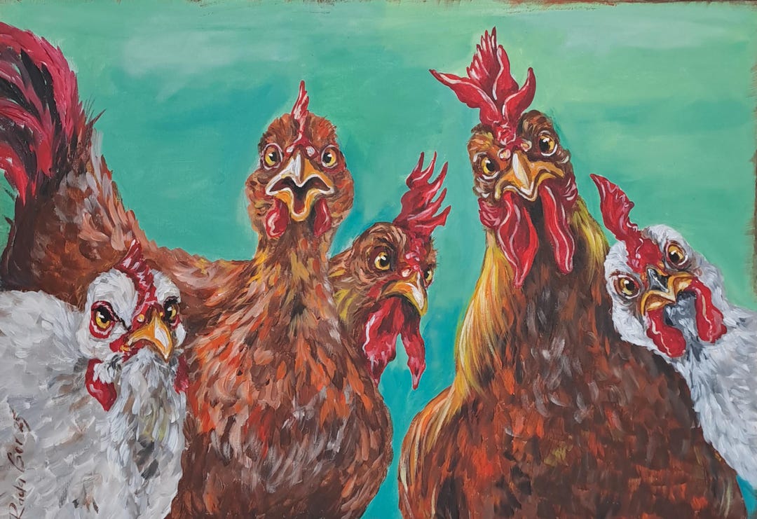 Funny Chickens Acrylic Painting: Whimsical Farmhouse Rooster Art - Etsy