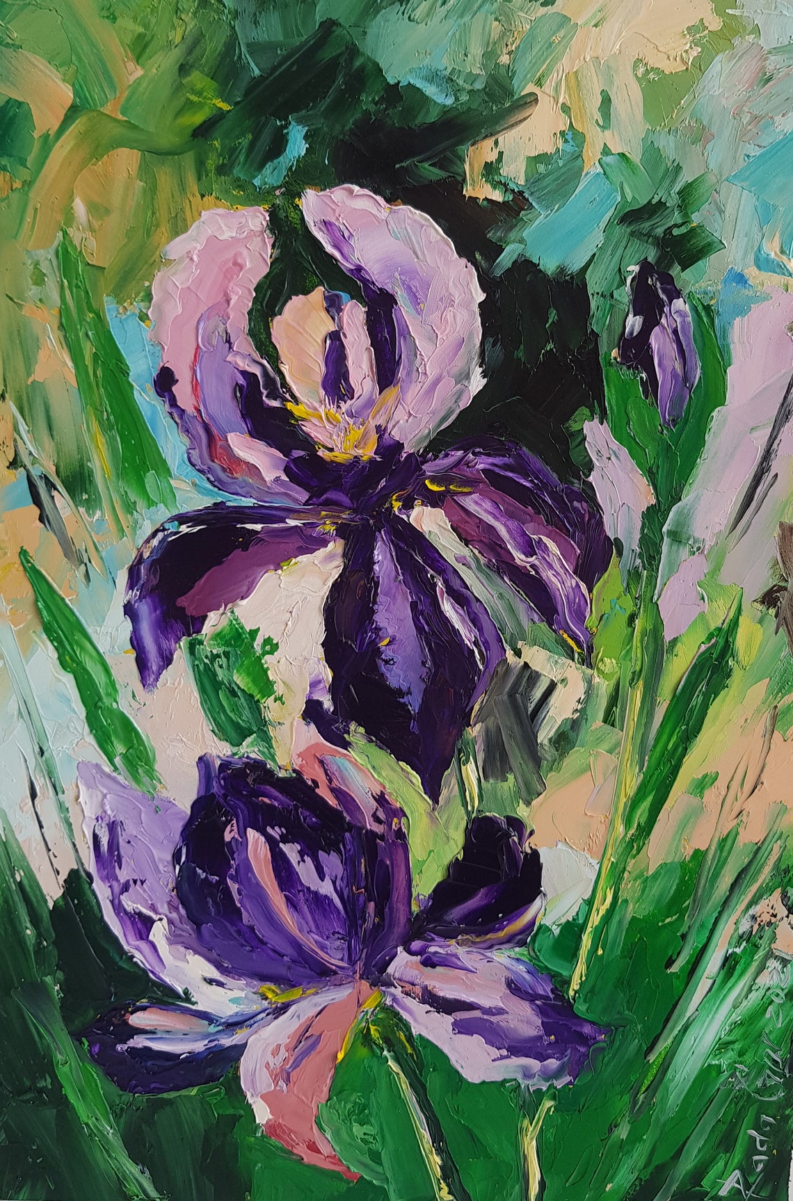 Iris pintura Arte original púrpura azul floral arte de pared | Etsy