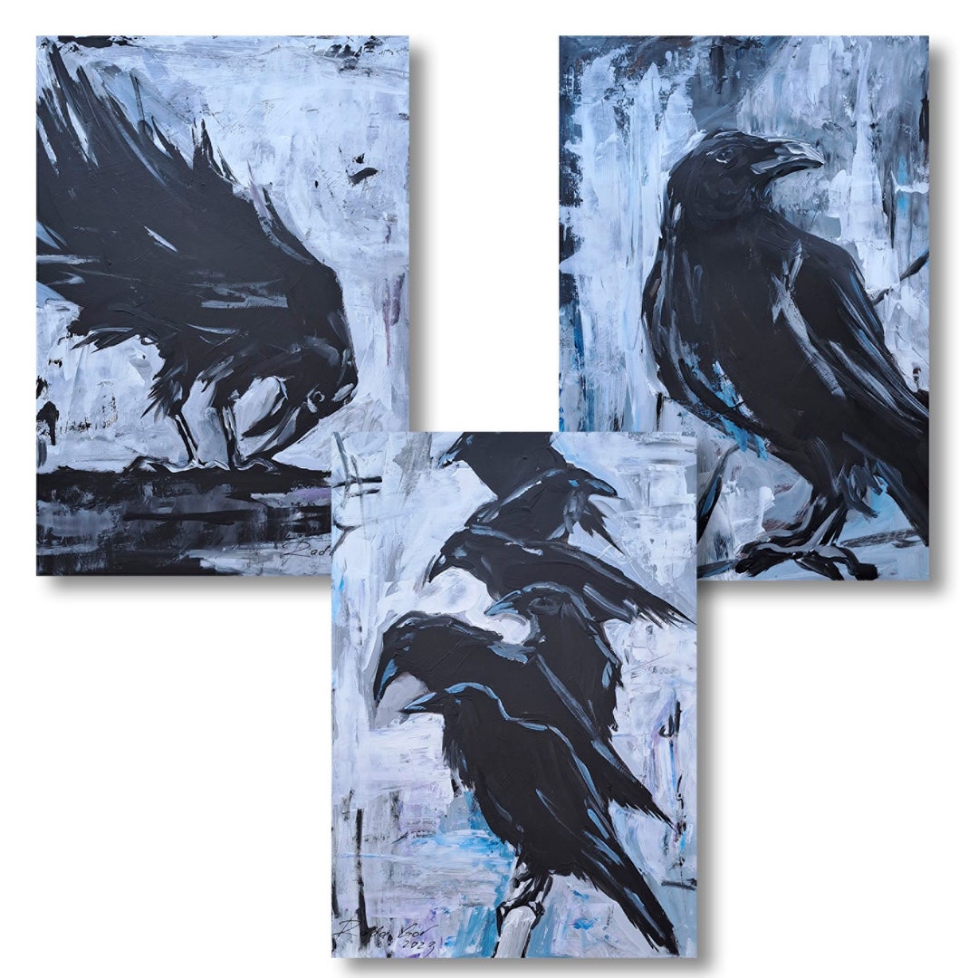 Black Raven Abstract Acrylic Painting Set: Bird Triptych (11x8) - Etsy