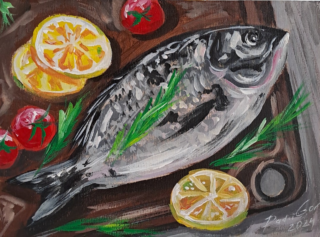 Original Fish Still Life Painting: Kitchen Seafood Art, 7.7x5.7 - Etsy