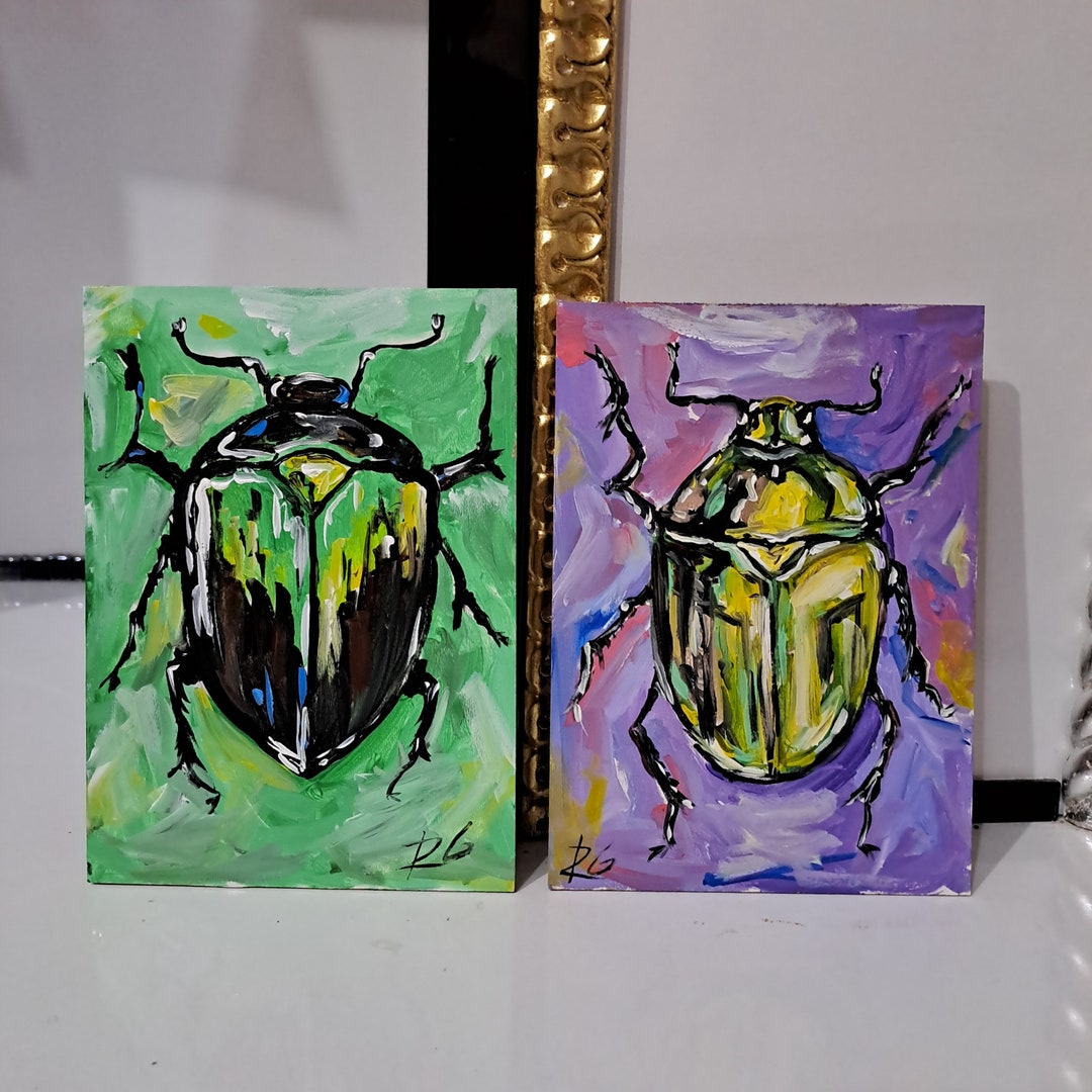 Beetle Painting Set: Original Acrylic Insect Art, 5x7" - Etsy