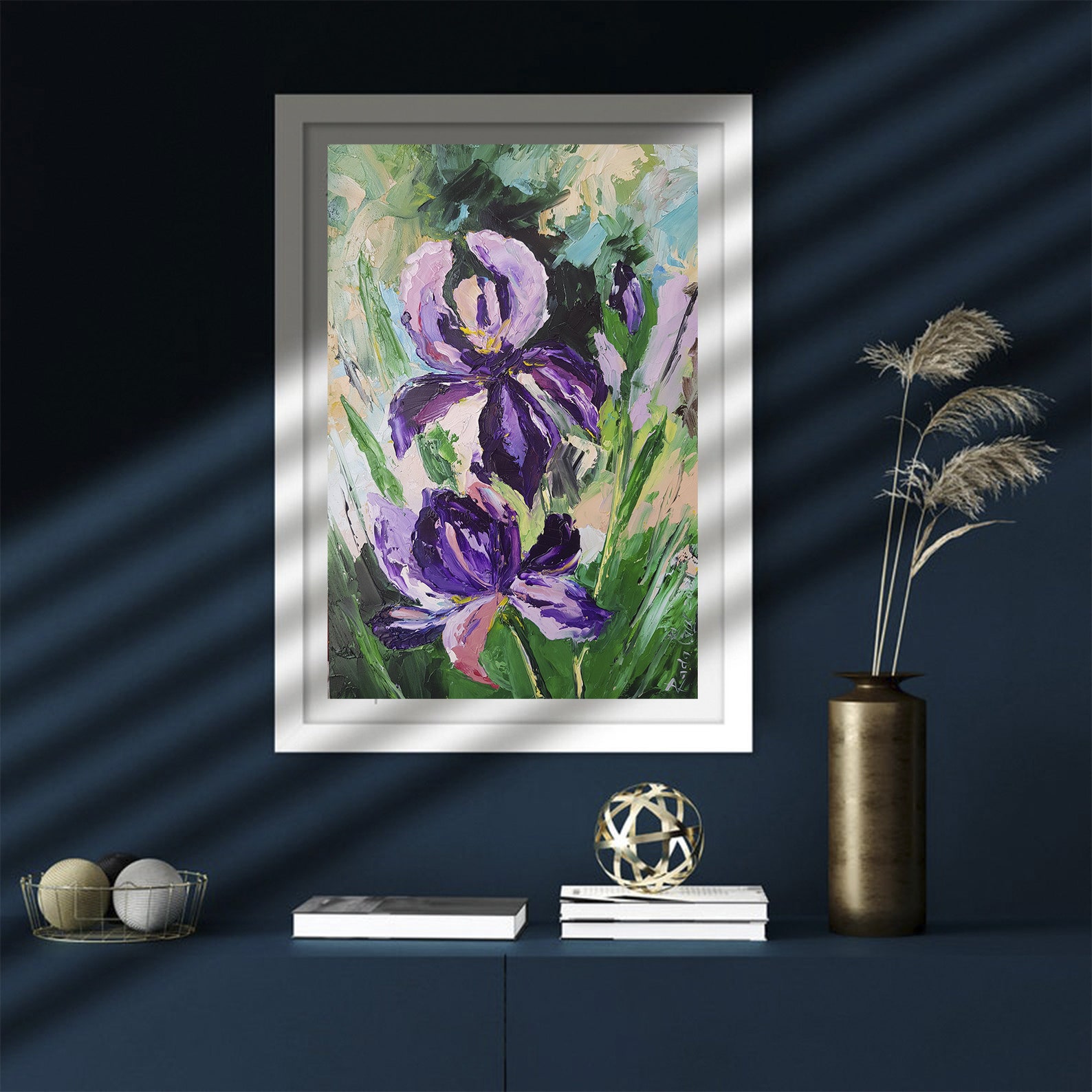 Iris pintura Arte original púrpura azul floral arte de pared | Etsy