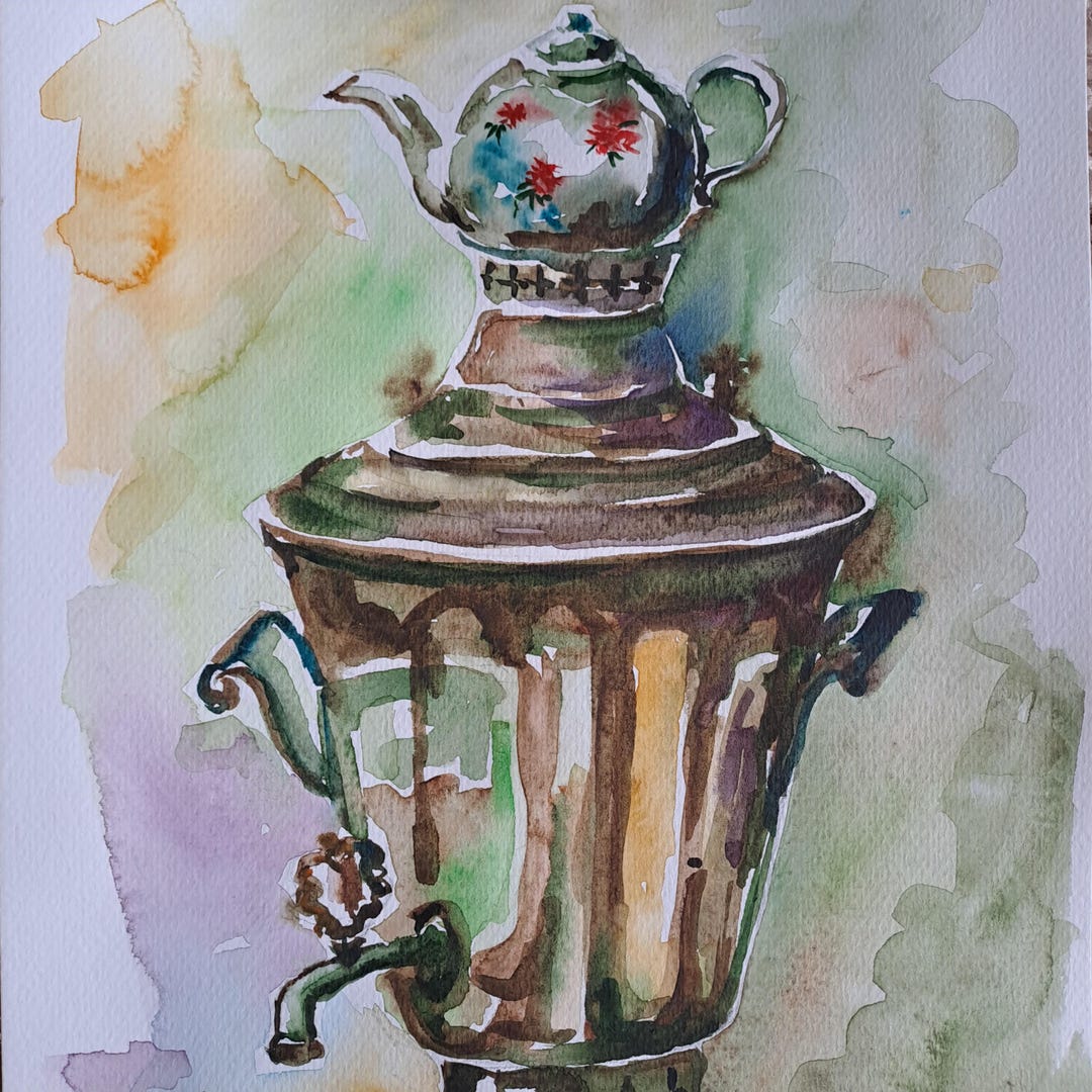 Samovar Still Life Watercolor Painting: Kitchen Wall Art (A4) - Etsy