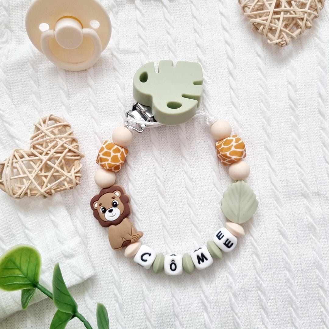 Personalized Lion Pacifier Clip - Silicone Beads - Baby Shower Gift ...