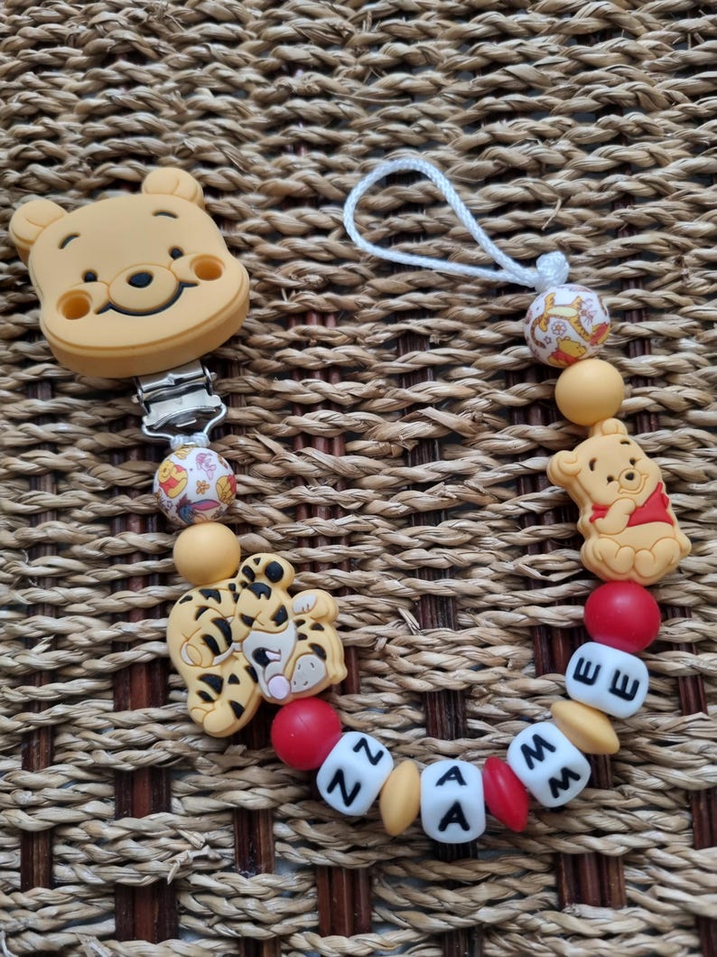 Personalized Winnie the Pooh Pacifier Clip - Winnie & Tigger Pattern Silicone Beads - Red and ...