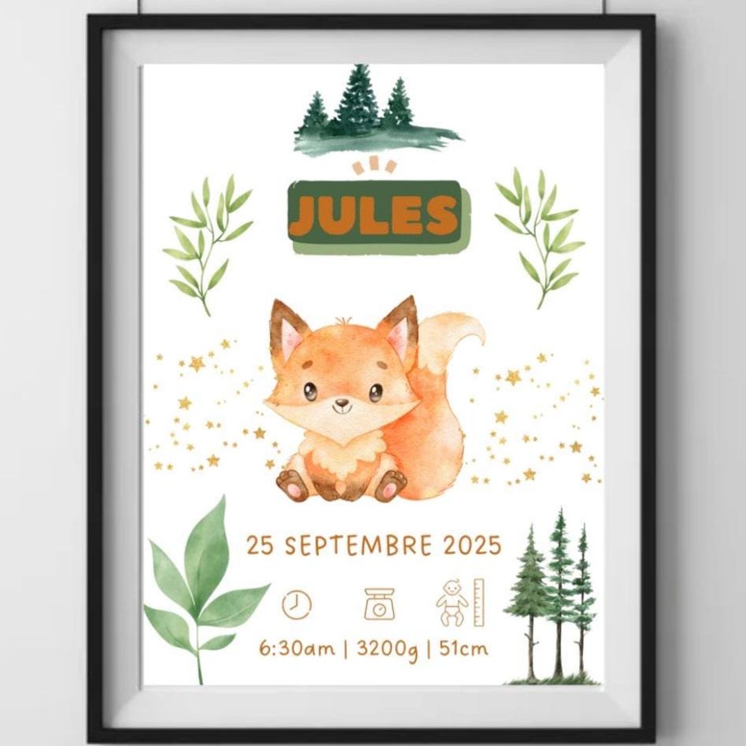 Personalized Fox Birth Poster – Green Forest Baby Poster A4, Birth or ...