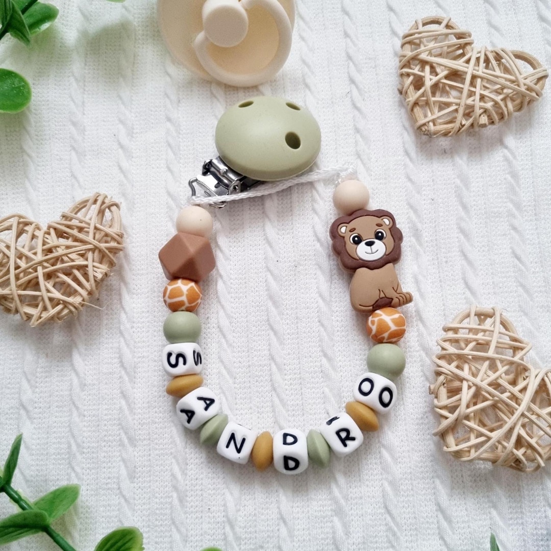 Personalized Lion Pacifier Clip – Green Silicone Beads – Baby Gift ...