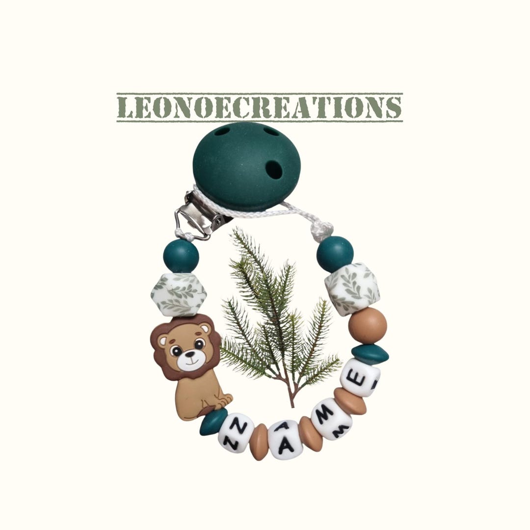 Personalized Pacifier Clip – Brown Lion – Dark Green Clip – Natural ...