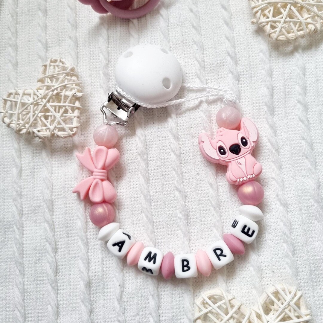 Personalized Angel Stitch Pacifier Clip - Pink Silicone Beads - Baby ...