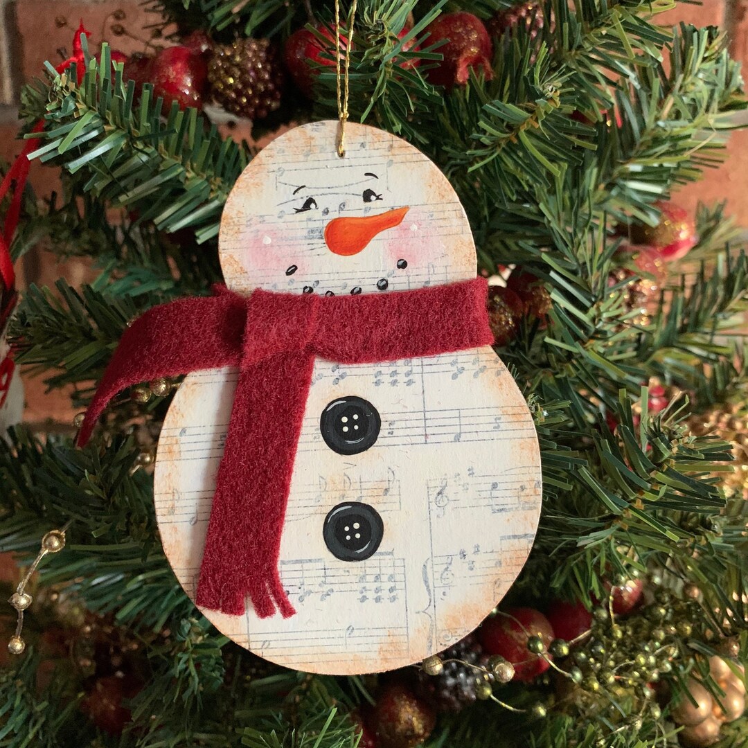 Snowman Christmas Ornament, Hand Painted Wooden Snowman, Mixed Media ...