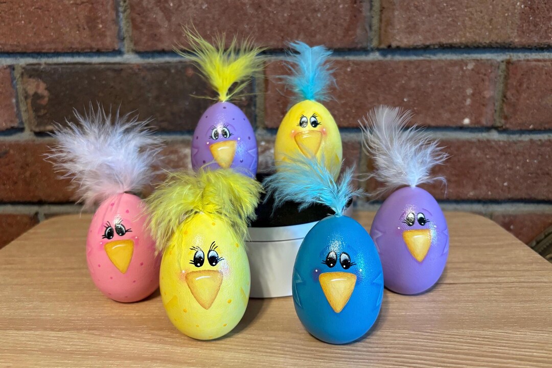 Easter Chicks, Hand Painted Silly Birds, Colorful Egg Shaped Wooded ...