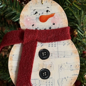 Snowman Christmas Ornament, Hand Painted Wooden Snowman, Mixed Media ...