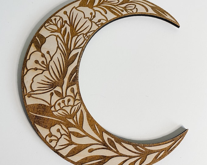 Floral Engraved Moon, Wooden Bohemian Wall Decor, Boho Floral Moon - Etsy