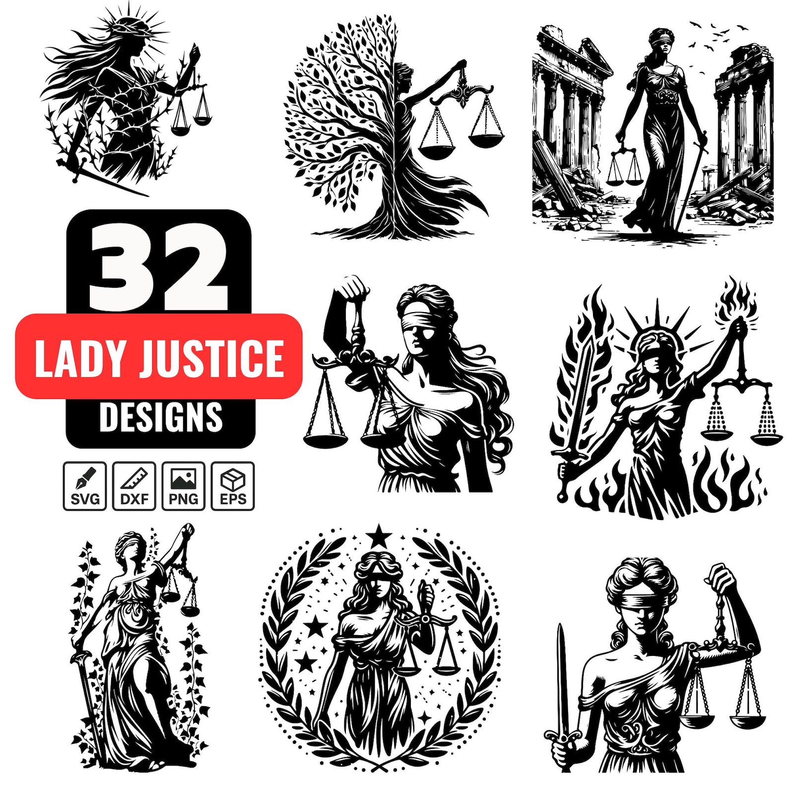 Powerful Lady Justice SVG Bundle With 32 Unique Designs for Lawyer ...