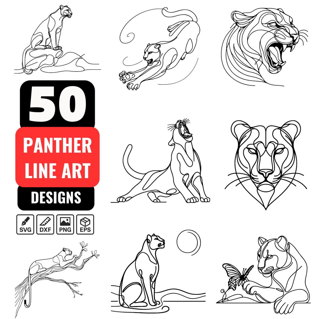 Panther Line Art SVG Bundle | 50 Continuous Line Panther Clipart PNG ...