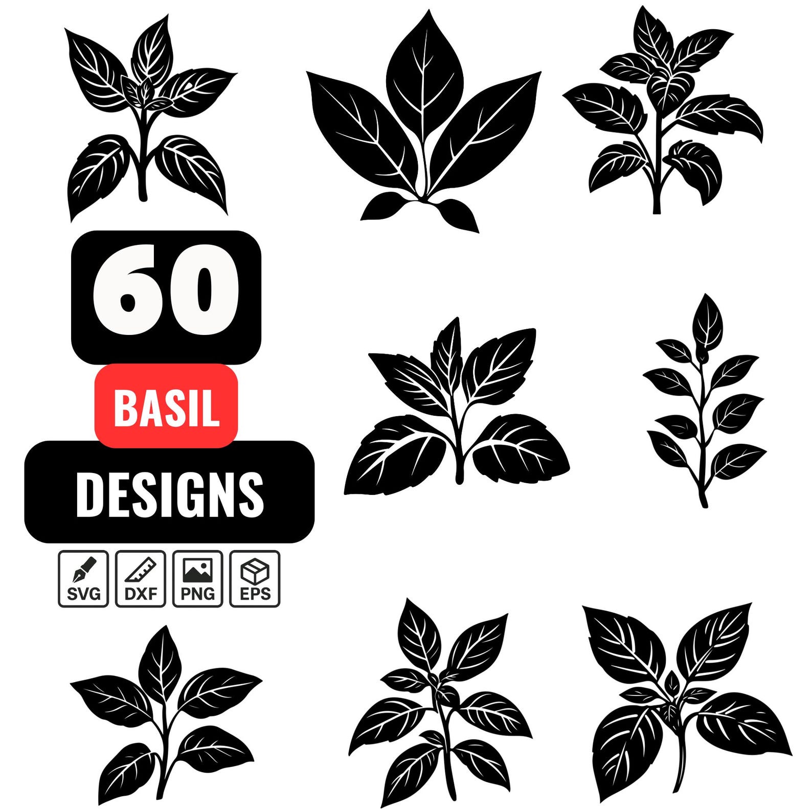 50 Basil SVG Bundle | Basil Leaf Clipart PNG | Herb Line Art ...
