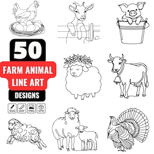 Farm Animal Line Art SVG Bundle | 50 One Line Farm Animal Clipart PNG ...